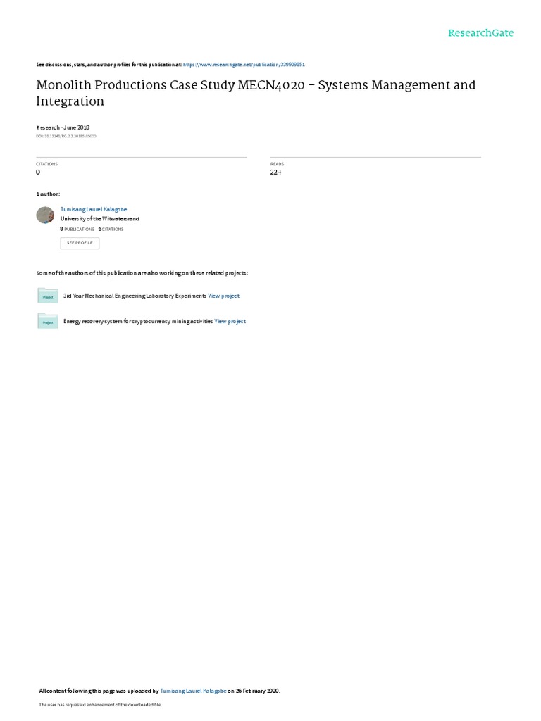 Monolith Productions Case Study MECN4020 - Systems Management and Integration | PDF