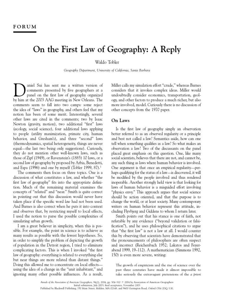 On The First Law of Geography: A Reply: Forum | PDF | Space | Geography