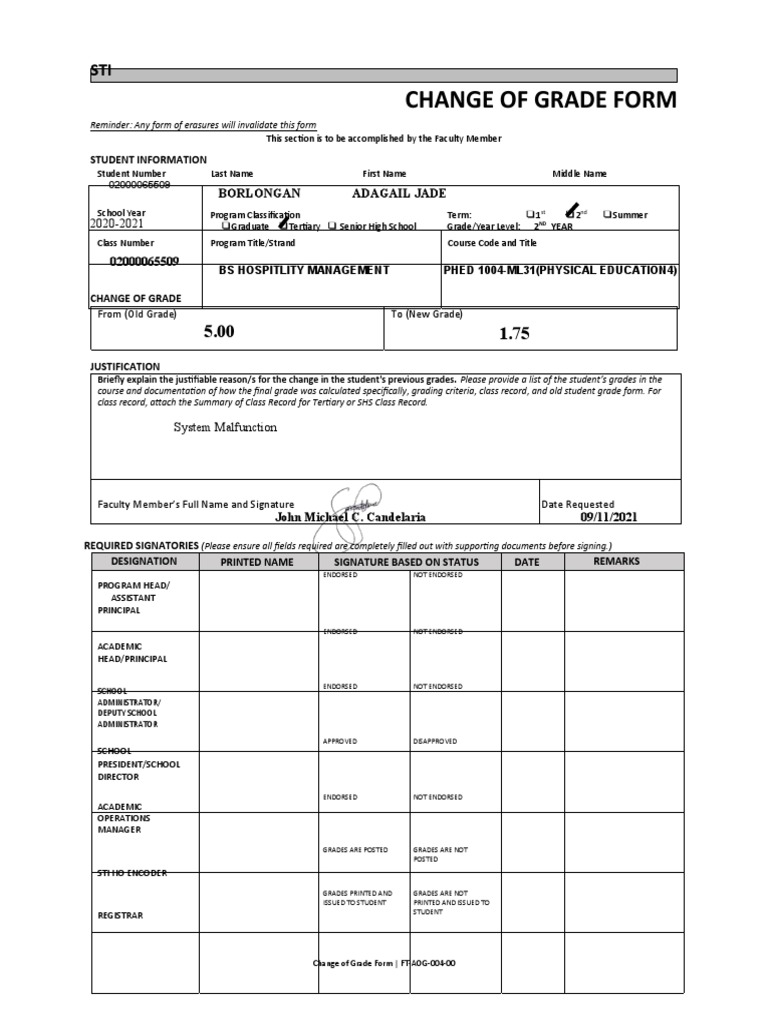 Change of Grade Form: Adagail Jade Borlongan | PDF