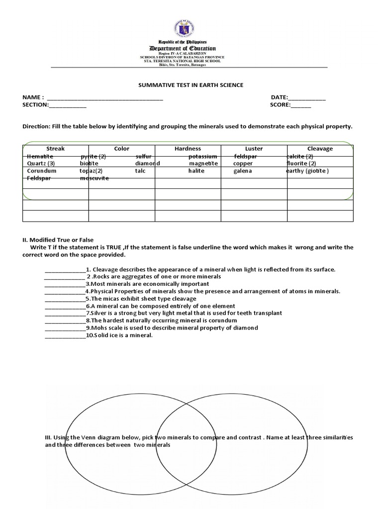 Summative Test in Earth Science | PDF | Minerals | Chemical Substances