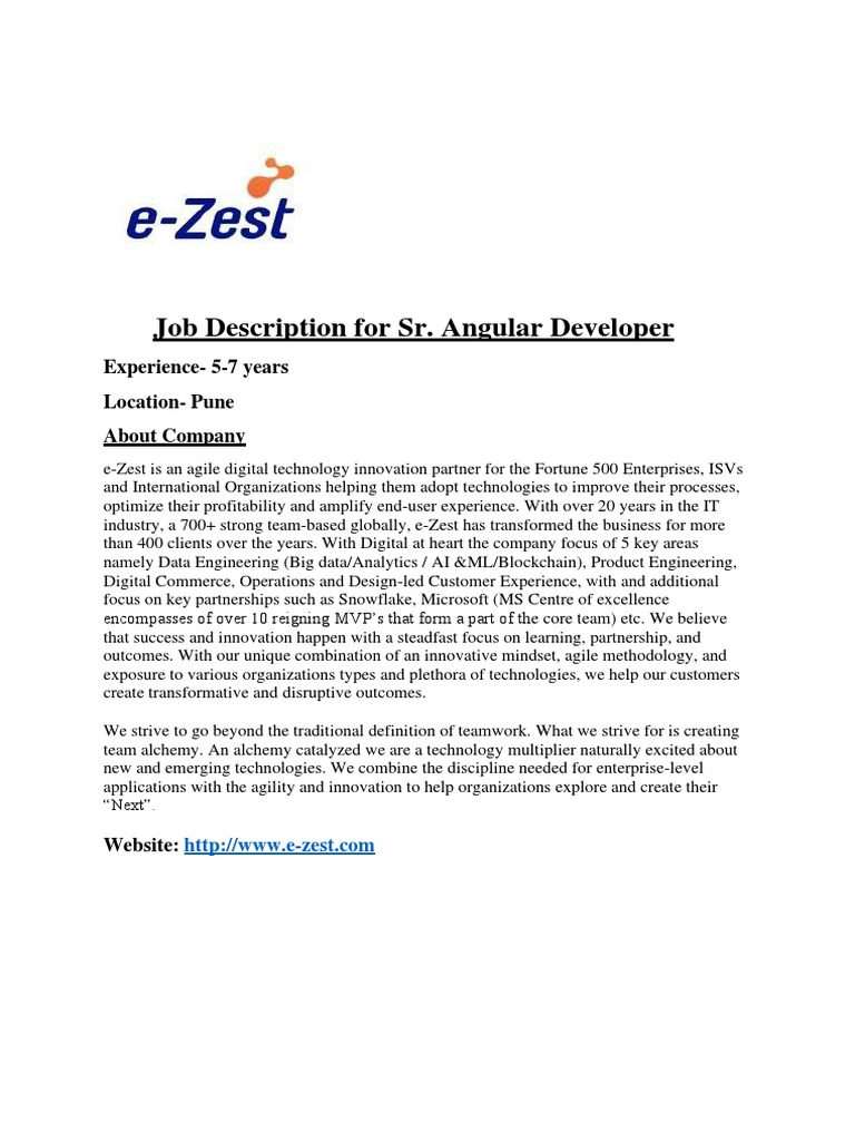Job Description For SR Angular Developer - E-Zest | PDF Job Description For SR Angular Developer - E-Zest | PDF