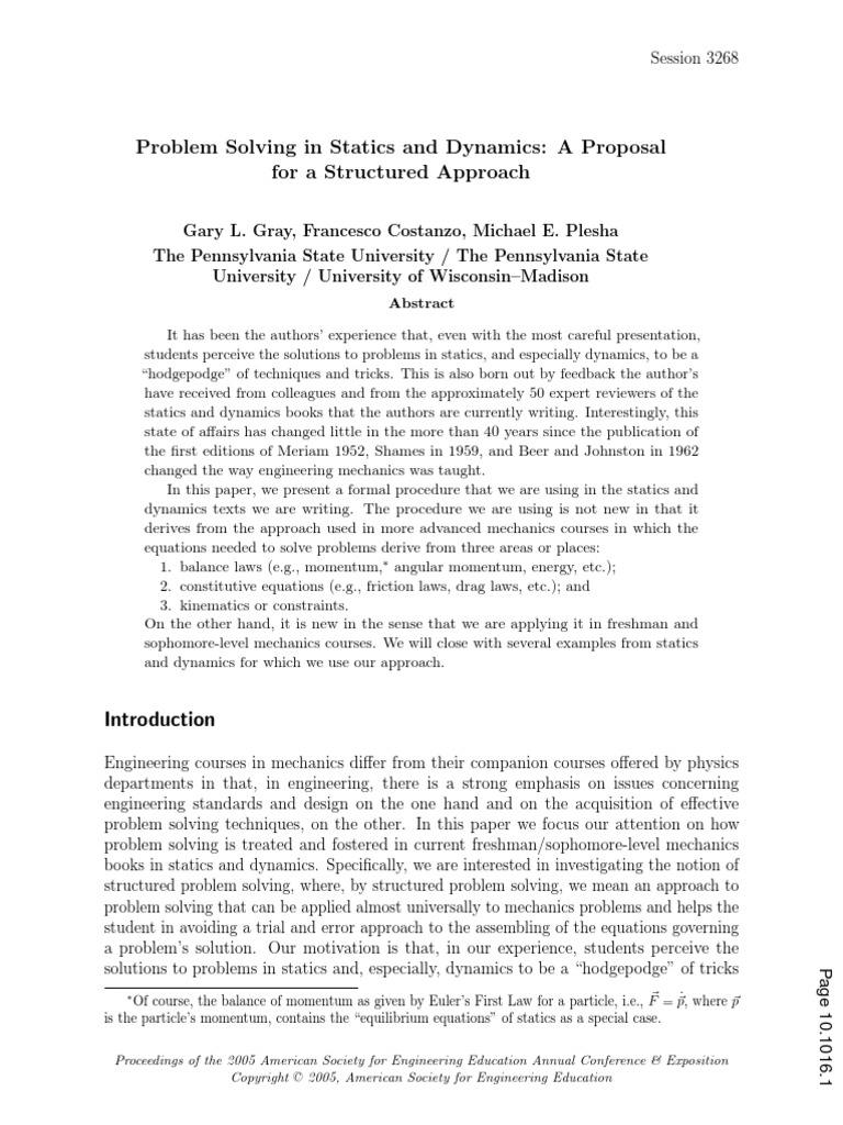Problem Solving In Statics And Dynamics A Proposal For A Structured Approach Pdf Equations