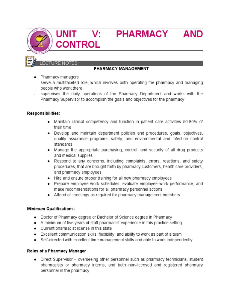 Unit V Pharmacy and Control | PDF | Pharmacy | Inventory