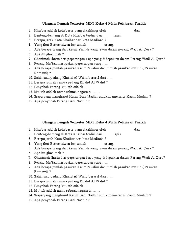 Soal UTS Tarikh Kls 4 MDT | PDF