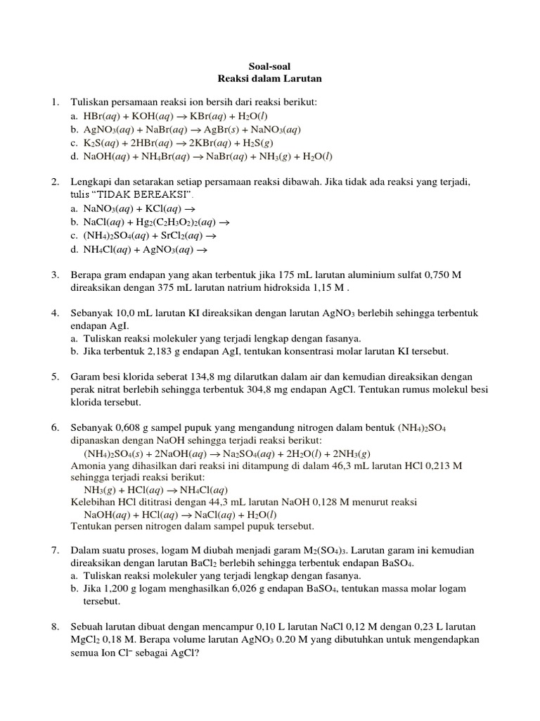 Soal Reaksi Dalam Larutan | PDF