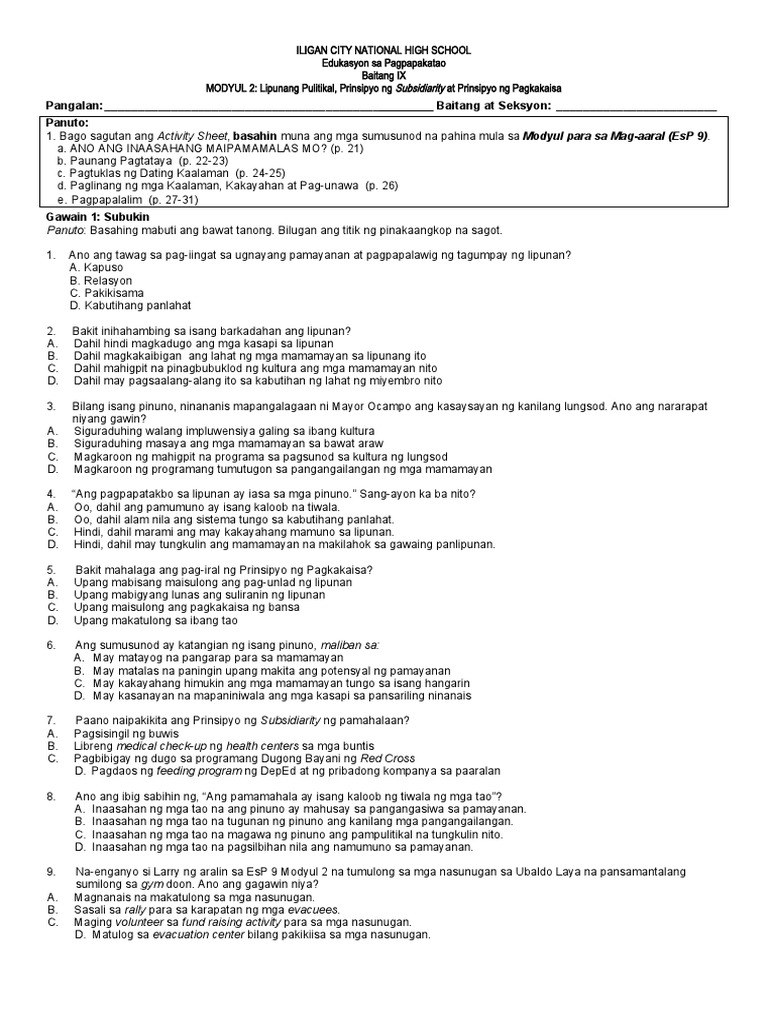 EsP9 Q1 Activity Sheet Modyul 2 | PDF