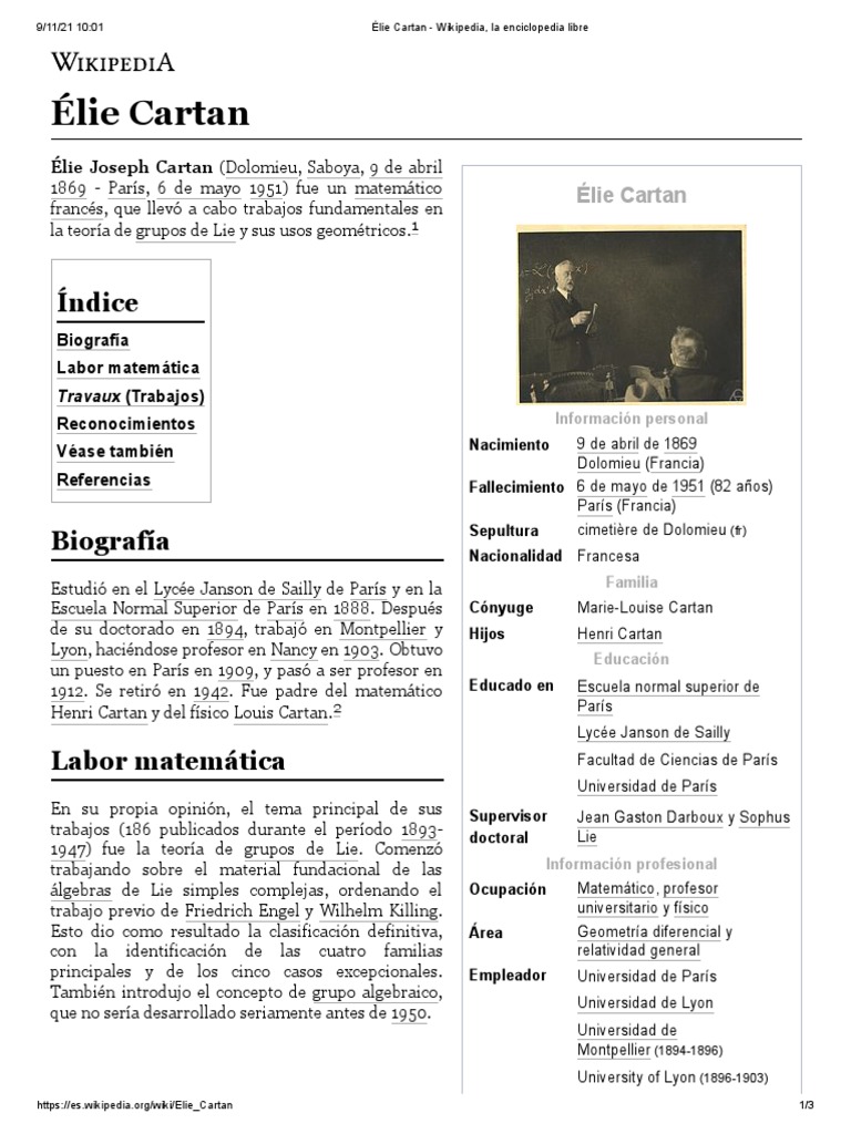 Élie Cartan - Wikipedia, La Enciclopedia Libre | PDF | Análisis ...