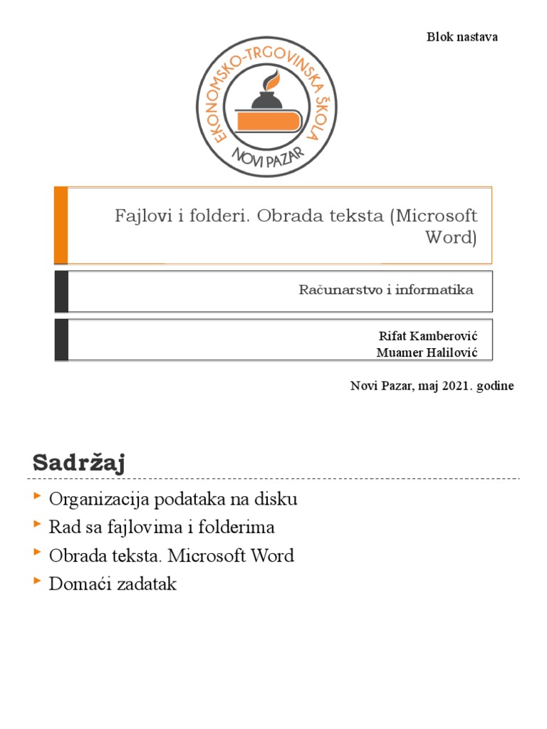 Blok I-8 Fajlovi. Folderi. Obrada Teksta | PDF