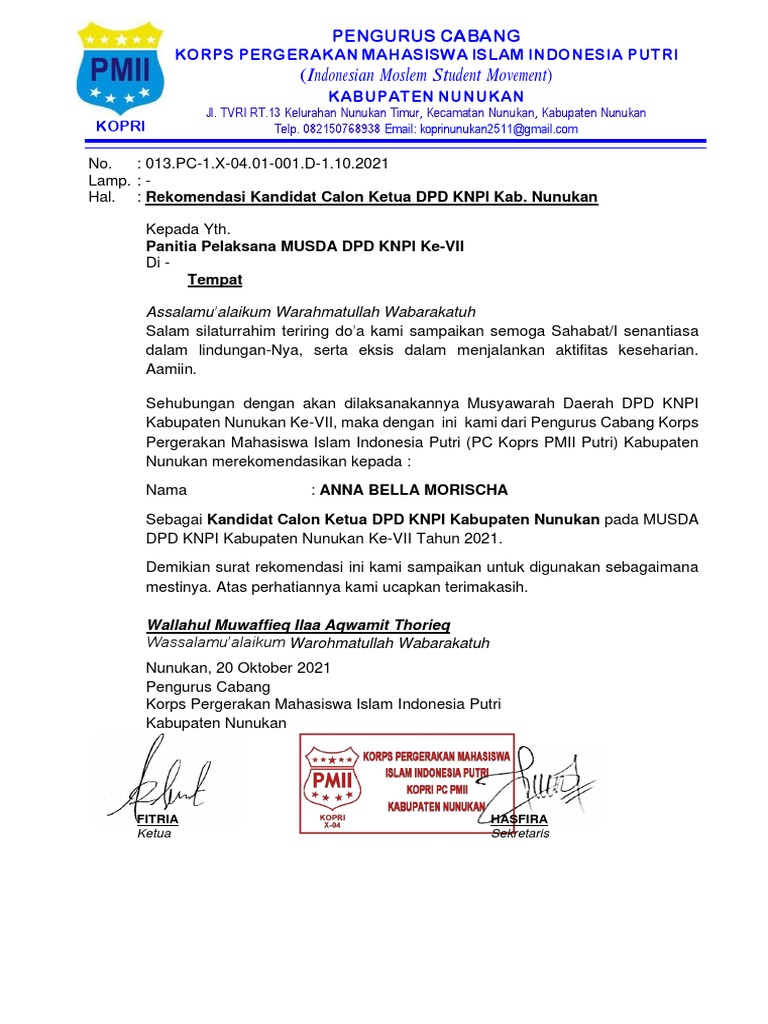 Surat Korps PMII Putri KOPRI Nunukan | PDF