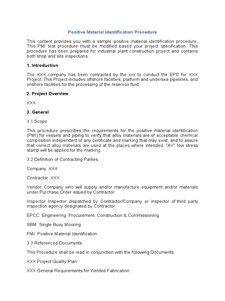 Positive Material Identification Procedure | PDF | Pipe (Fluid Conveyance) | Stainless Steel