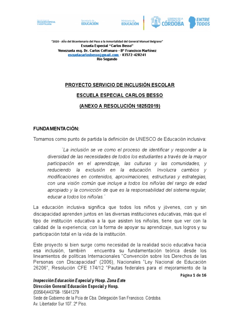 Proyecto de Inclusion Escuela Especial Carlos Besso 2020 | PDF ...
