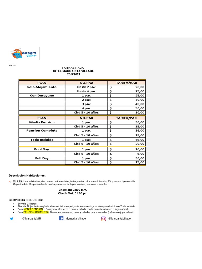 TARIFA RACK ACTUALIZADA 27 Mayo 2021 | PDF | Hotel | Comida y bebida