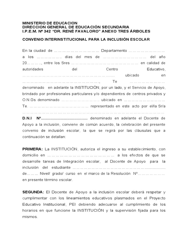 Convenio Interinstitucional para La Inclusión Escolar | PDF | Maestros
