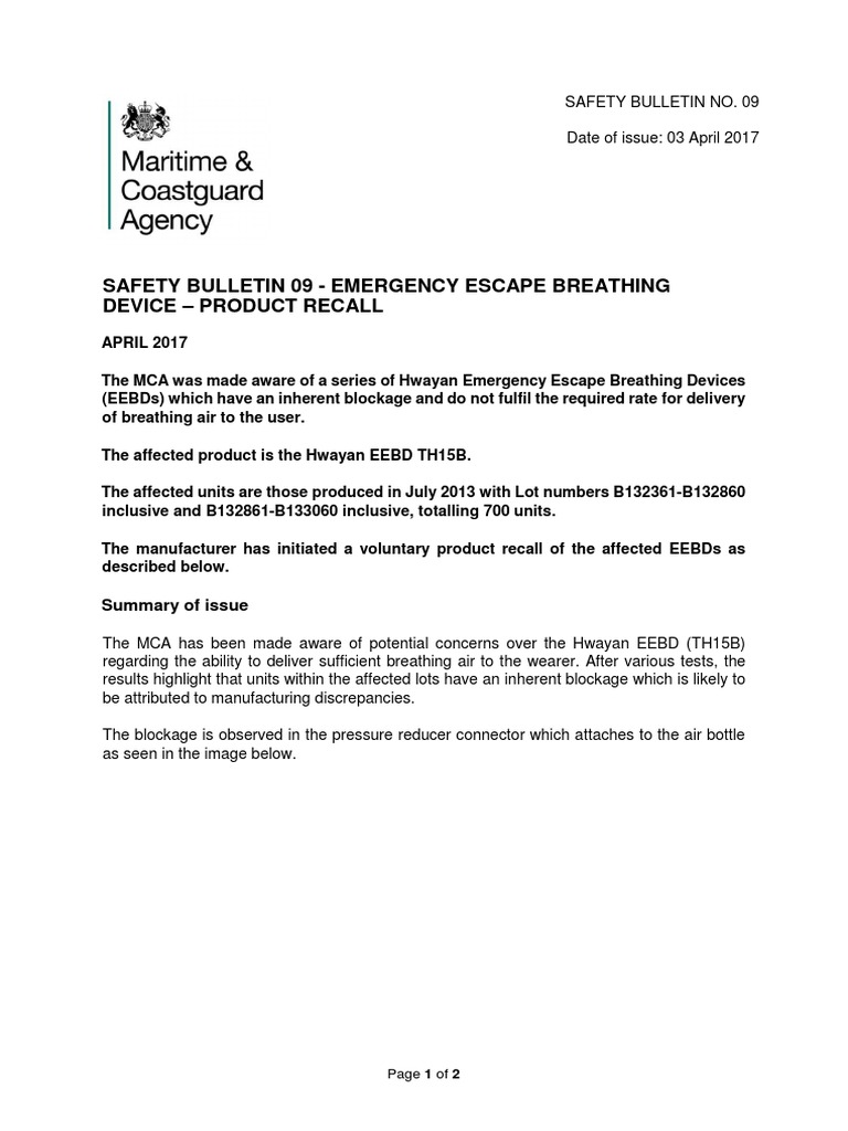 Safety Bulletin 09 - Emergency Escape Breathing Device - Product Recall ...