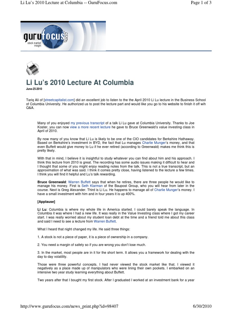 Li Lu Lecture 2010 Cbs PDF Free | PDF | Value Investing | Investing