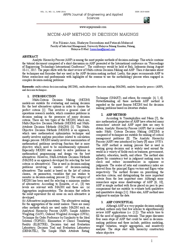 Mcdm-Ahp Method in Decision Makings: Nor Filianie Aziz, Shahryar ...