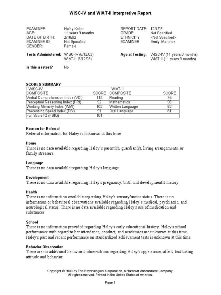 WISC IV WIAT IIInterpretiveWriter | PDF | Wechsler Adult Intelligence ...