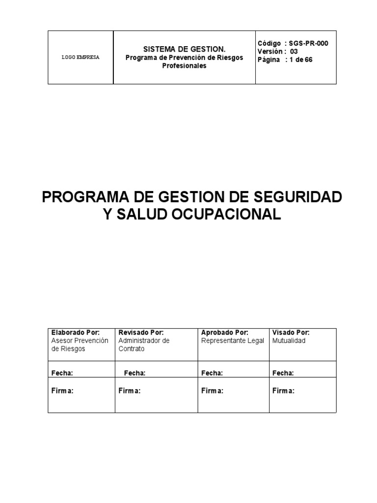 Modelo Programa de Gestion de Seguridad y Salud Ocupacional Sigo | PDF | Seguridad y salud ...