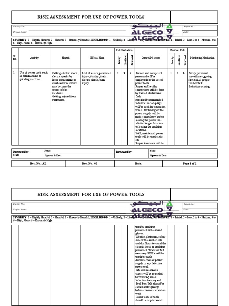 Risk Assessment For Use of Power Tools | PDF | Risk | Risk Assessment