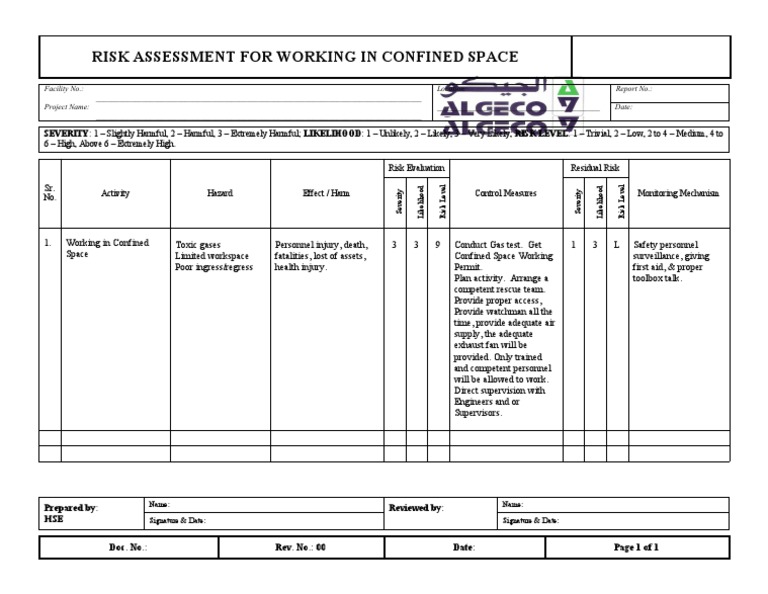Risk Assessment For Working in Confined Space | PDF | Risk | Health ...