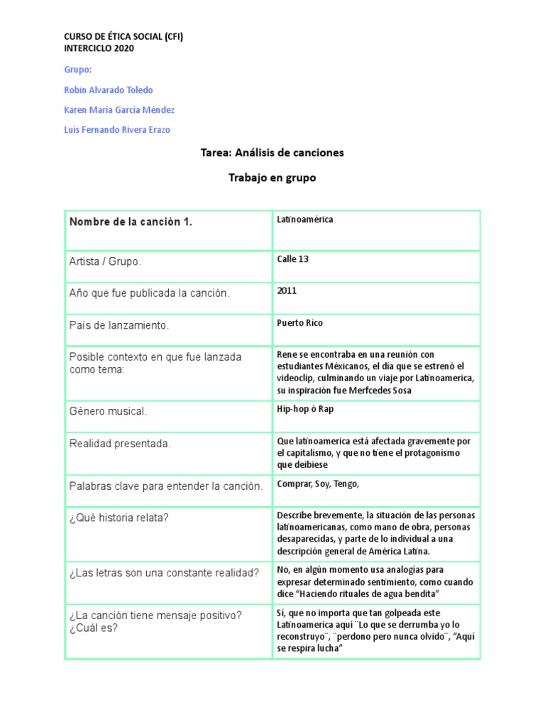 Tarea Análisis de Canciones | PDF