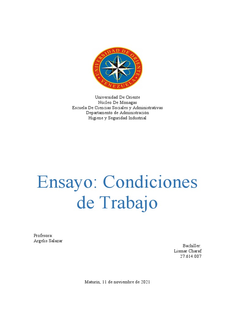 Condiciones de Trabajo Ensayo | PDF | Seguridad y salud ocupacional ...