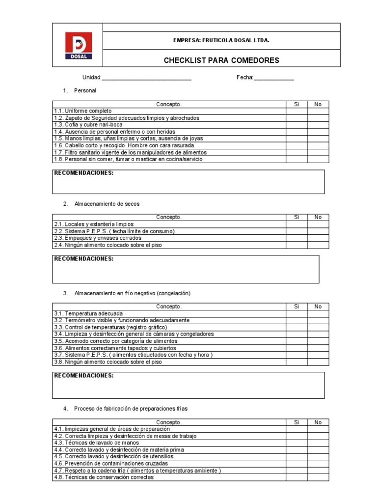 Checklist para Comedores | PDF | Naturaleza | Comida y bebida