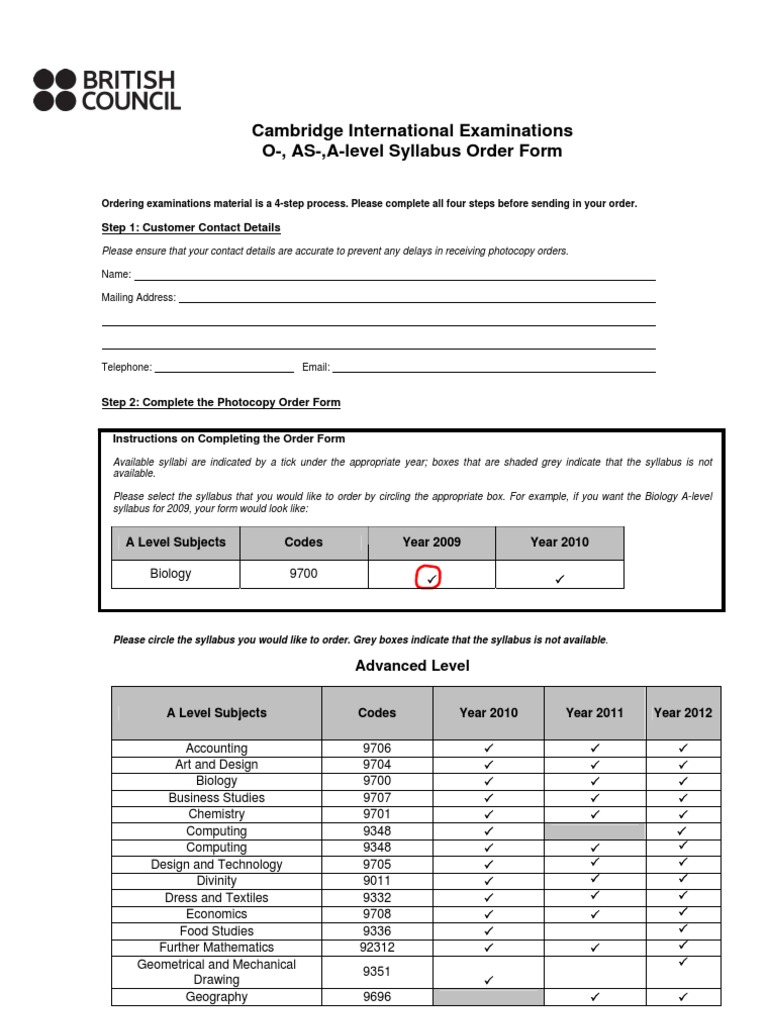 Cambridge Exam Syllabus Order Form | PDF | Science