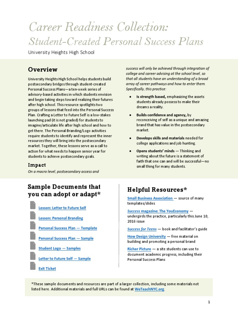 Career Readiness Collection:: Student-Created Personal Success Plans ...