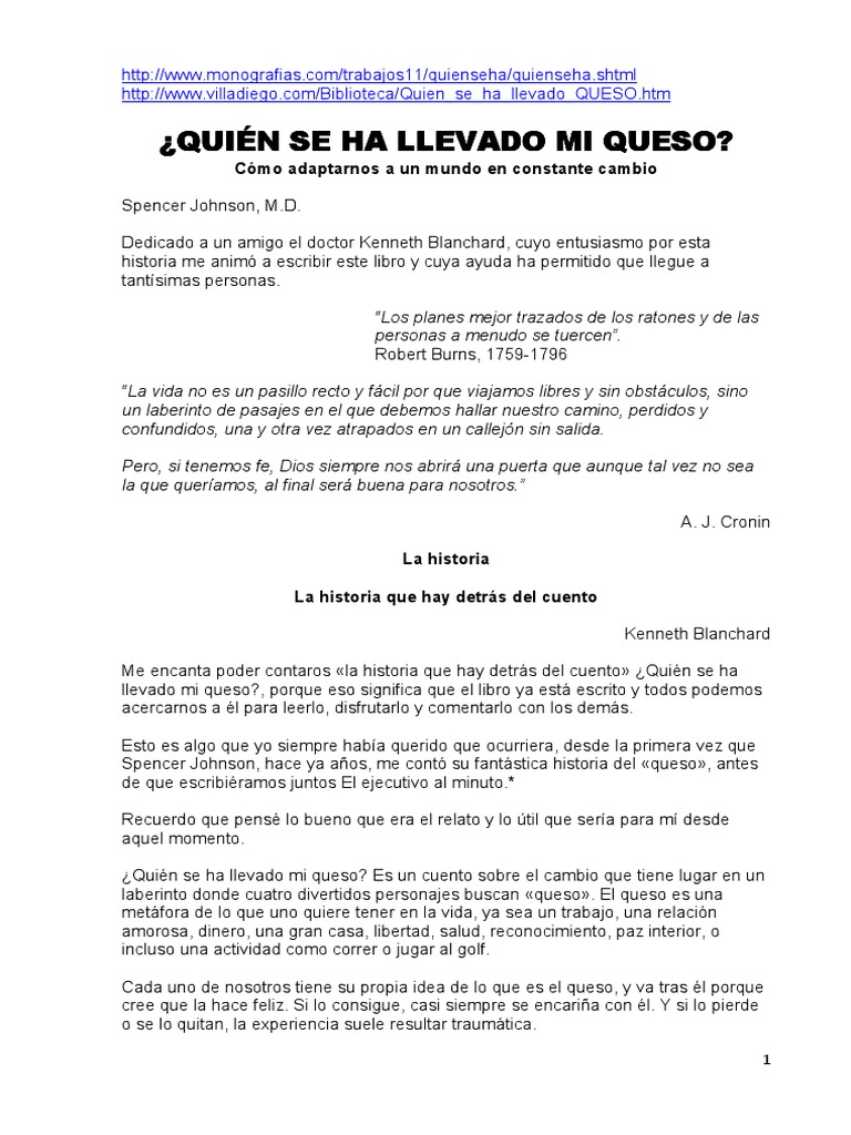 Quien Se Ha Llevado Mi Queso El Cuento Pdf Queso Temor