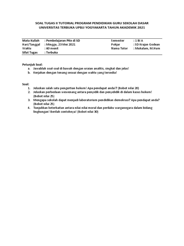 Soal Tugas Ii Tutorial PKN SD PGSD | PDF