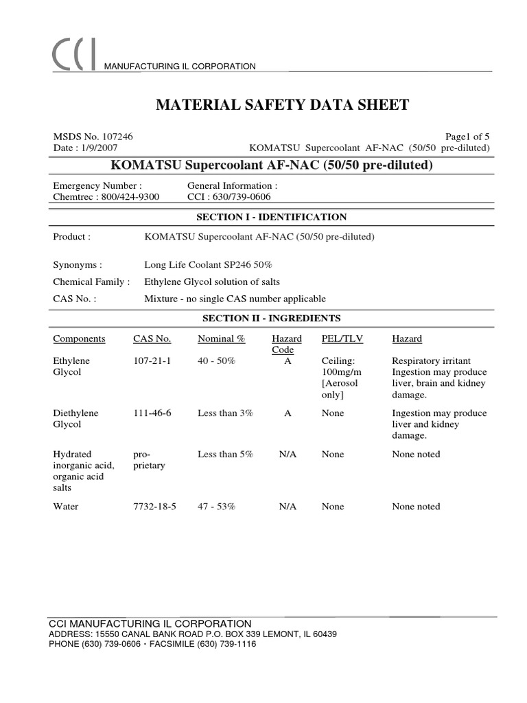 Material Safety Data Sheet: KOMATSU Supercoolant AF-NAC (50/50 Pre ...