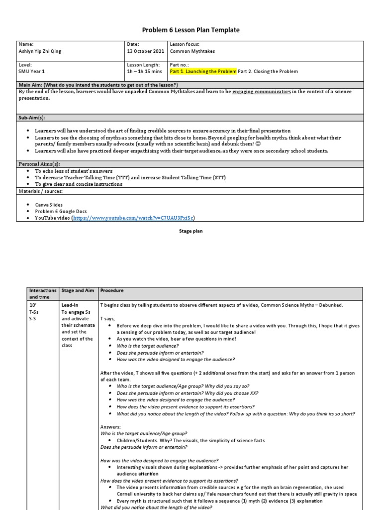 Problem 6 Lesson Plan Template: Main Aim: (What Do You Intend The ...