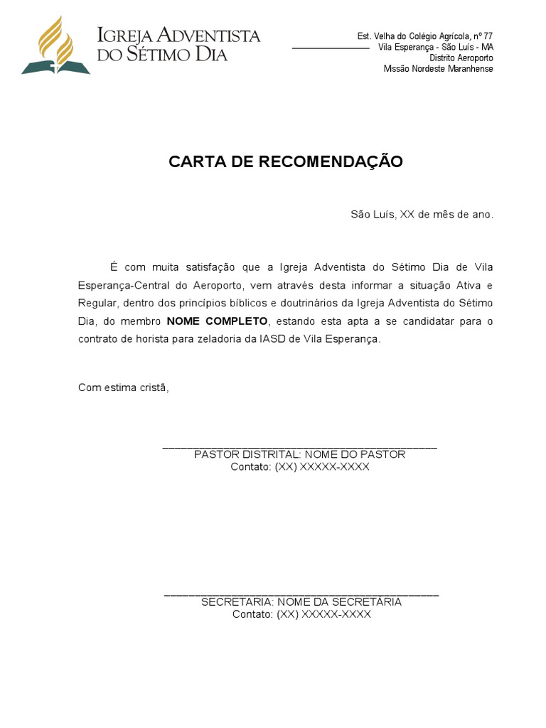 Modelo de Carta de Recomendação Iasd | PDF