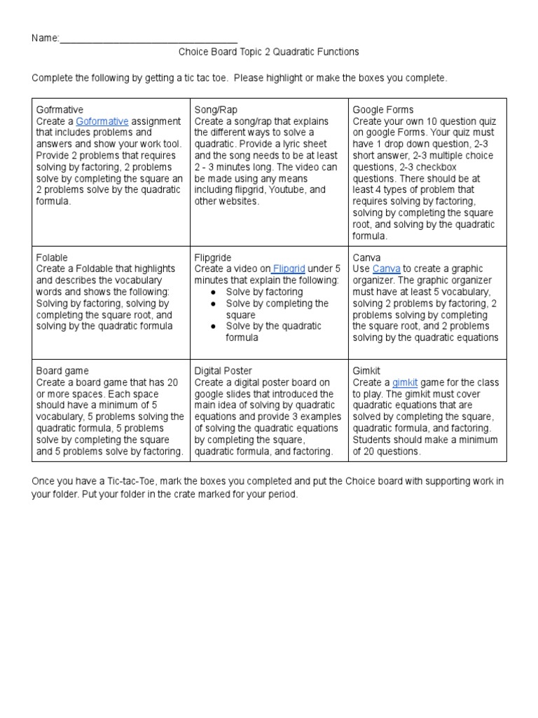 Choice Board | PDF | Quadratic Equation | Mathematics