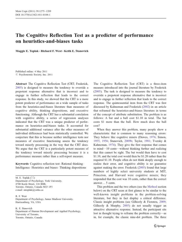 The Cognitive Reflection Test As A Predictor of Performance On ...