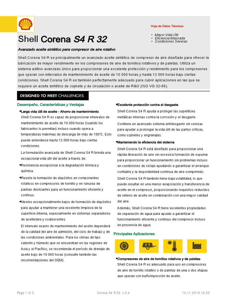 TDS Shell Corena S4 R 32 | PDF | Lubricante | Agua