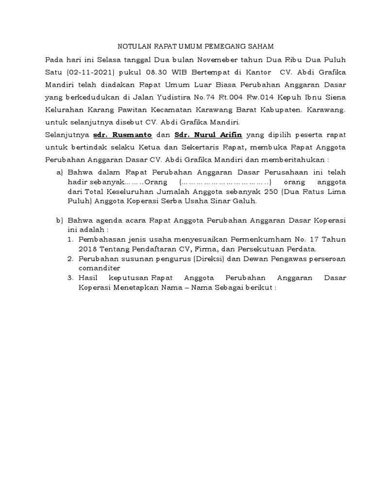 Notulan Rapat Umum Pemegang Saham | PDF