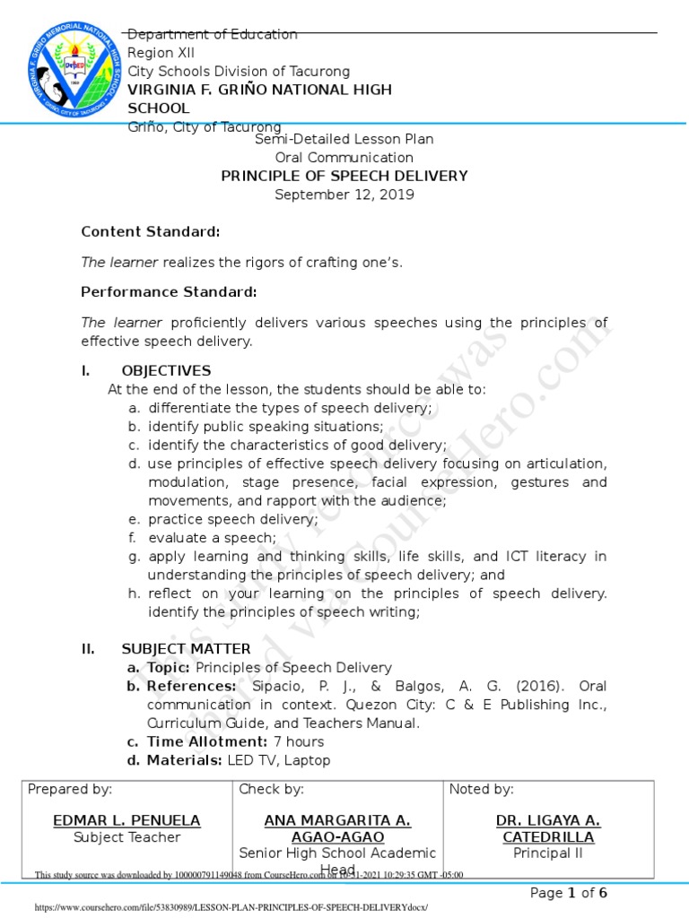Lesson Plan Principles of Speech Delivery | PDF | Lesson Plan | Public ...