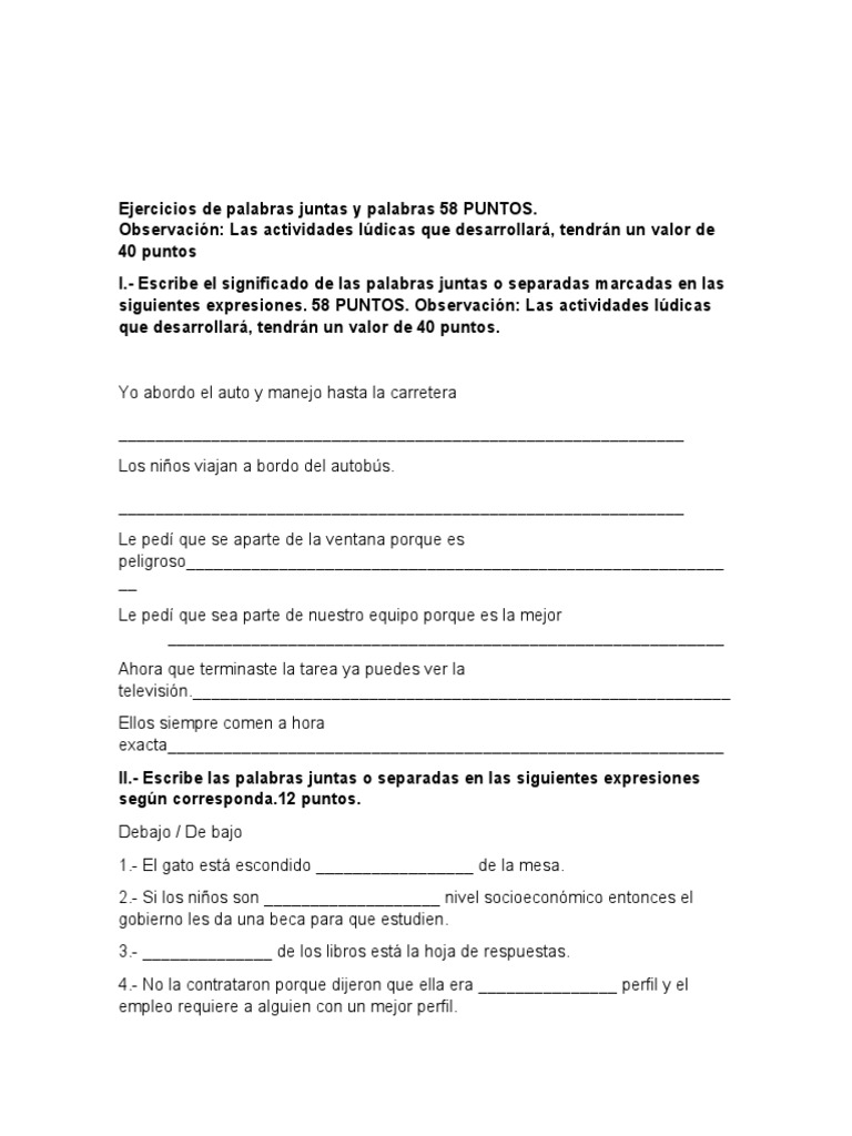 Ejercicios de Palabras Juntas y Palabras Separadas | PDF