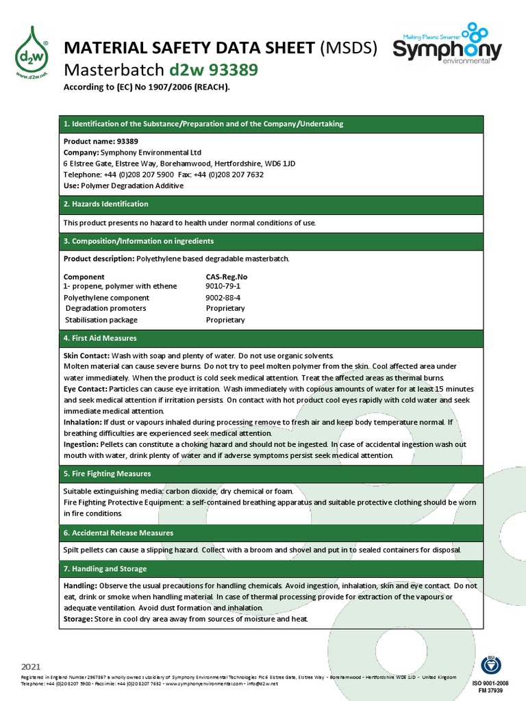 Masterbatch d2w 93389 MSDS 2021 | PDF | Water | Personal Protective ...