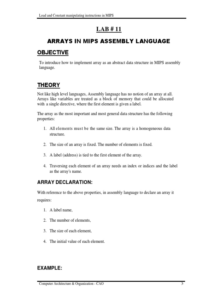 Arrays In Mips Assembly Language Objective Array Declaration Pdf Array Data Structure 