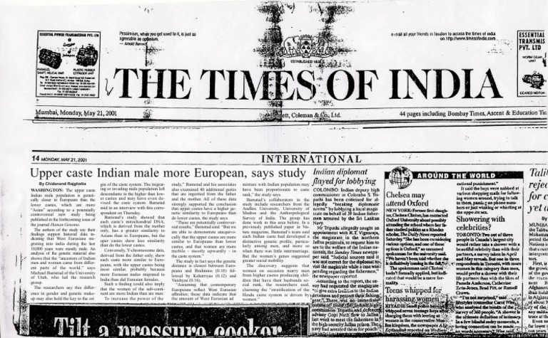 Brahmin DNA The Times of India - Upper Caste Indian Male More European ...