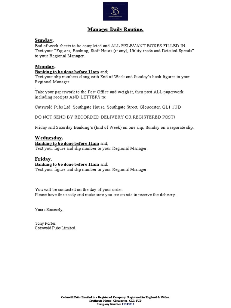 Manager Daily Routine. Sunday.: Banking To Be Done Before 11am and | PDF
