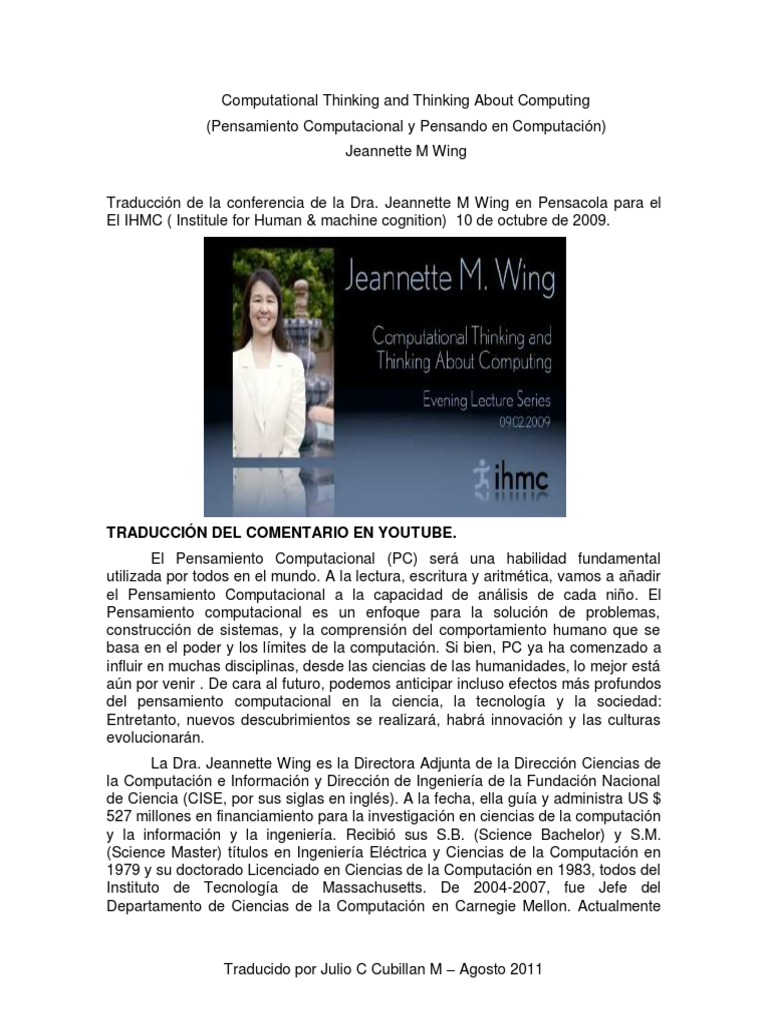 Traduccion Jeannette M Wing Computational Thinking and Thinking About Computing | PDF | Ciencias ...