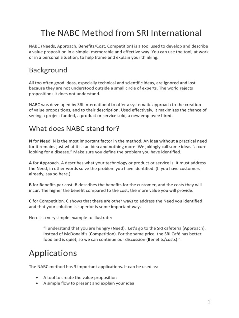 An Introduction To The Nabc Method A Systematic Approach To Creating