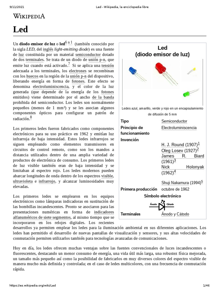 Led - Wikipedia, La Enciclopedia Libre | PDF | Diodo emisor de luz | Diodo