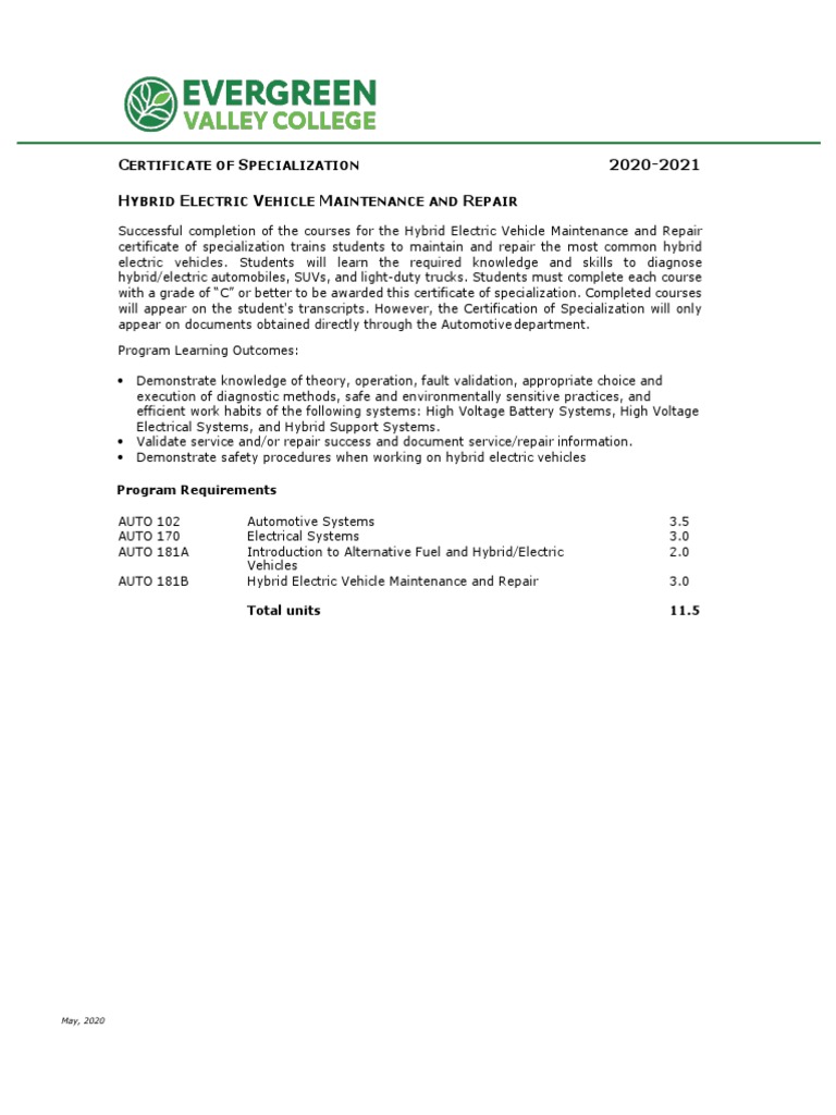 Auto Hybrid Electric Vehicle Maintenance and Repair Certificate | PDF