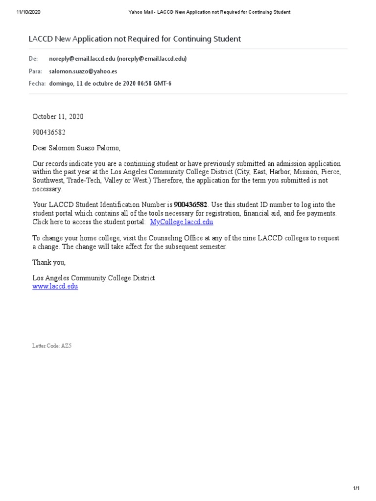 LACCD New Application Not Required For Continuing Student | PDF