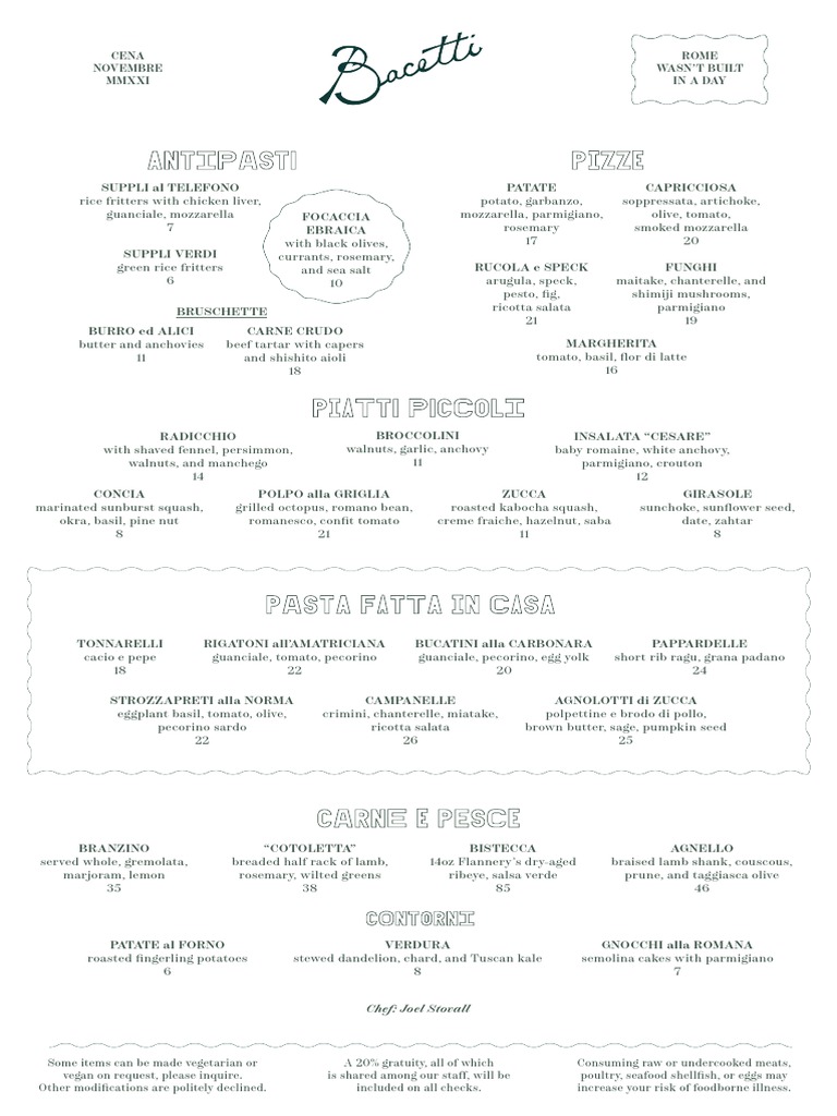 Bacetti Opening Menu | PDF | Rose | Italian Cuisine